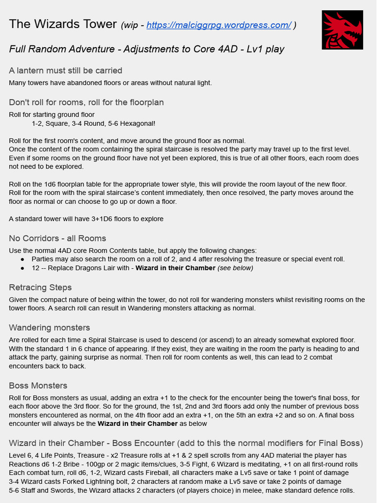 Wizards Tower (WIP - MalcIggRPG) | PDF | Fantasy Games | Role Playing Games