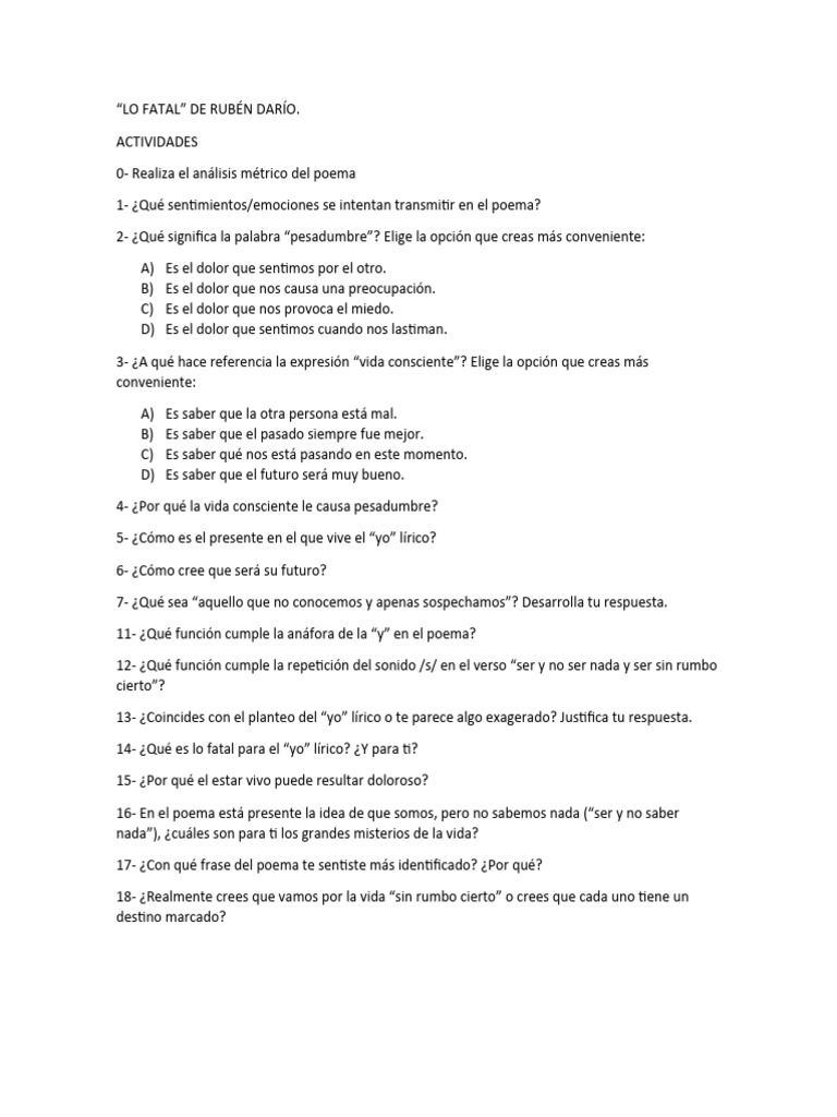 Análisis del poema "Lo Fatal" de Rubén Darío | PDF