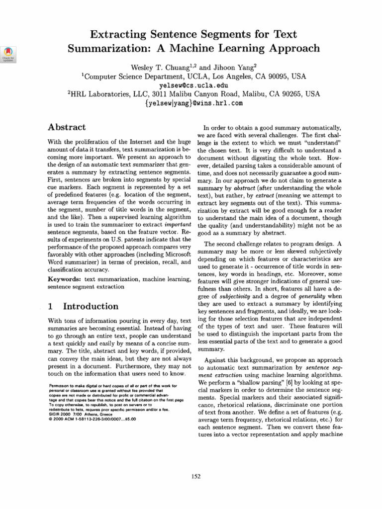 Extracting Sentence Segments For Text Summarization: A Machine Learning Approach | PDF | World ...