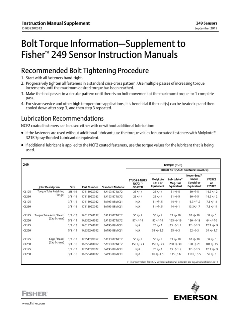 Im Supplement Bolt Torque Information Fisher 249 Sensors en 124786 ...