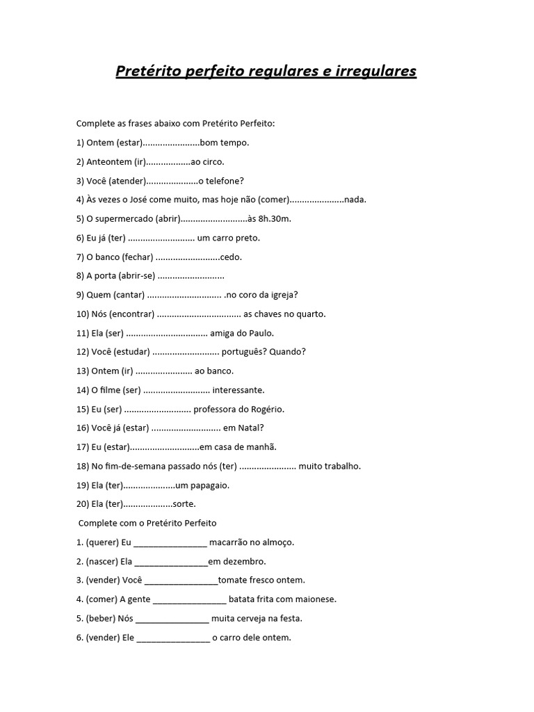 Pretérito Perfeito Regulares e Irregulares Exercicio | PDF