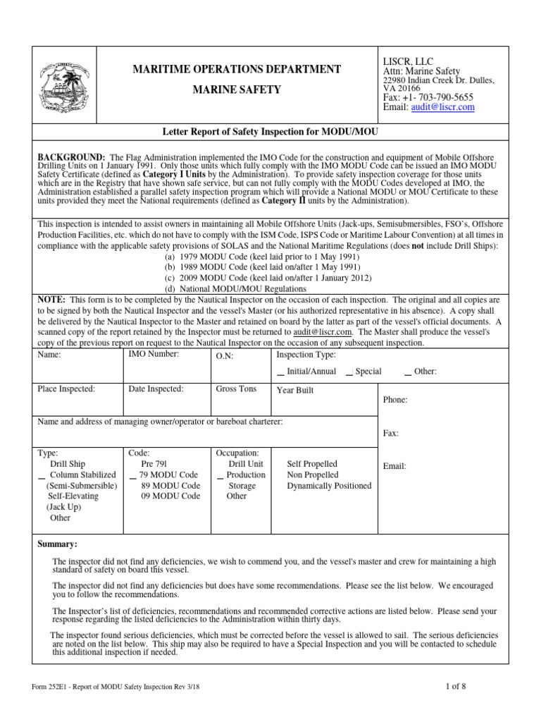 MODU Safety Inspection Report Form 252E1 | PDF | Water Transport | Shipping