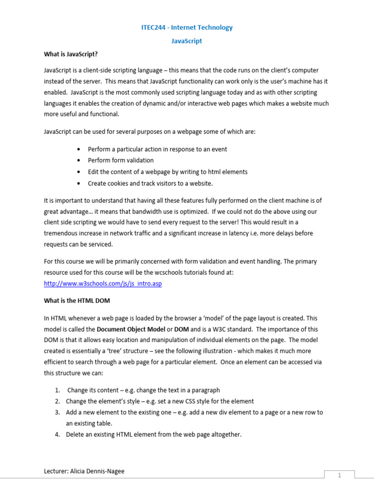 Itec244 Javascript Pdf Document Object Model Dynamic Web Page