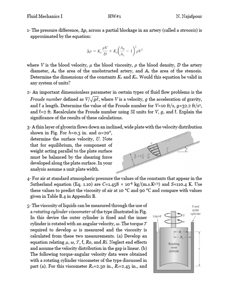 HW#1-Fluid Mechanics I | PDF | Viscosity | Friction