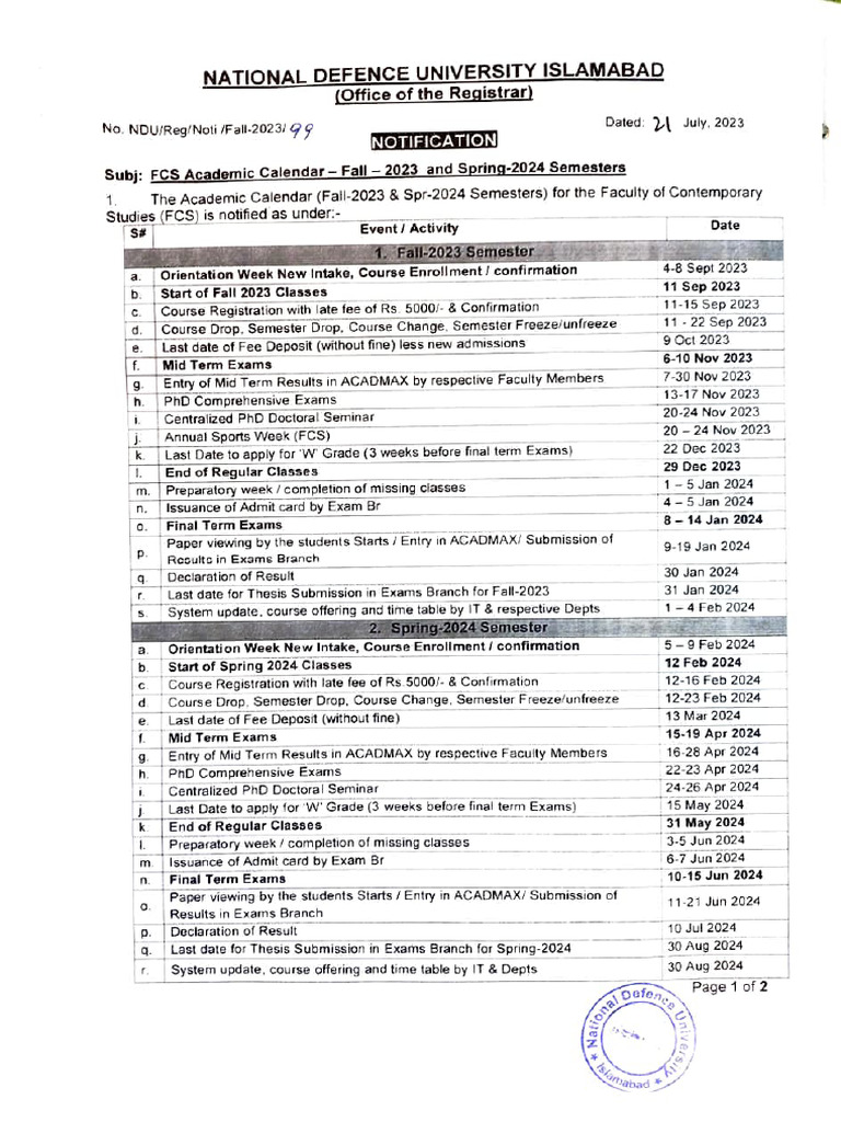 Notification FCS Acad Calendar (Fall 2023&Spr 2024) 21 Jul 2023 | PDF ...