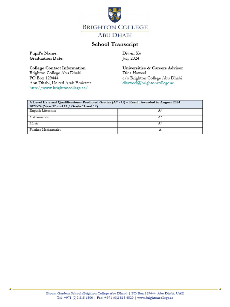 School Transcript Diwen Xu | PDF