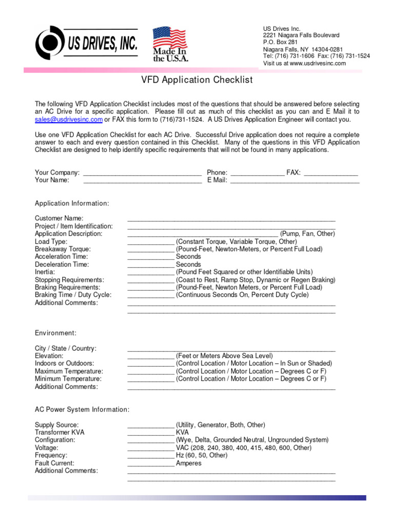 VFD Application Checklist Form | PDF | Alternating Current | Electric Motor