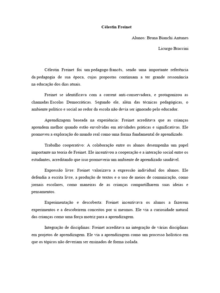 Célestin Freinet - Resumo | PDF | Pedagogia | Aprendizado
