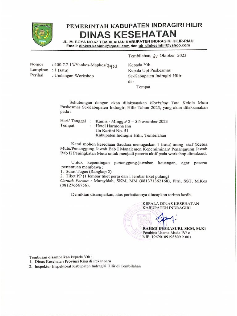 Surat Undangan Workshop Tata Kelola Mutu Puskesmas | PDF