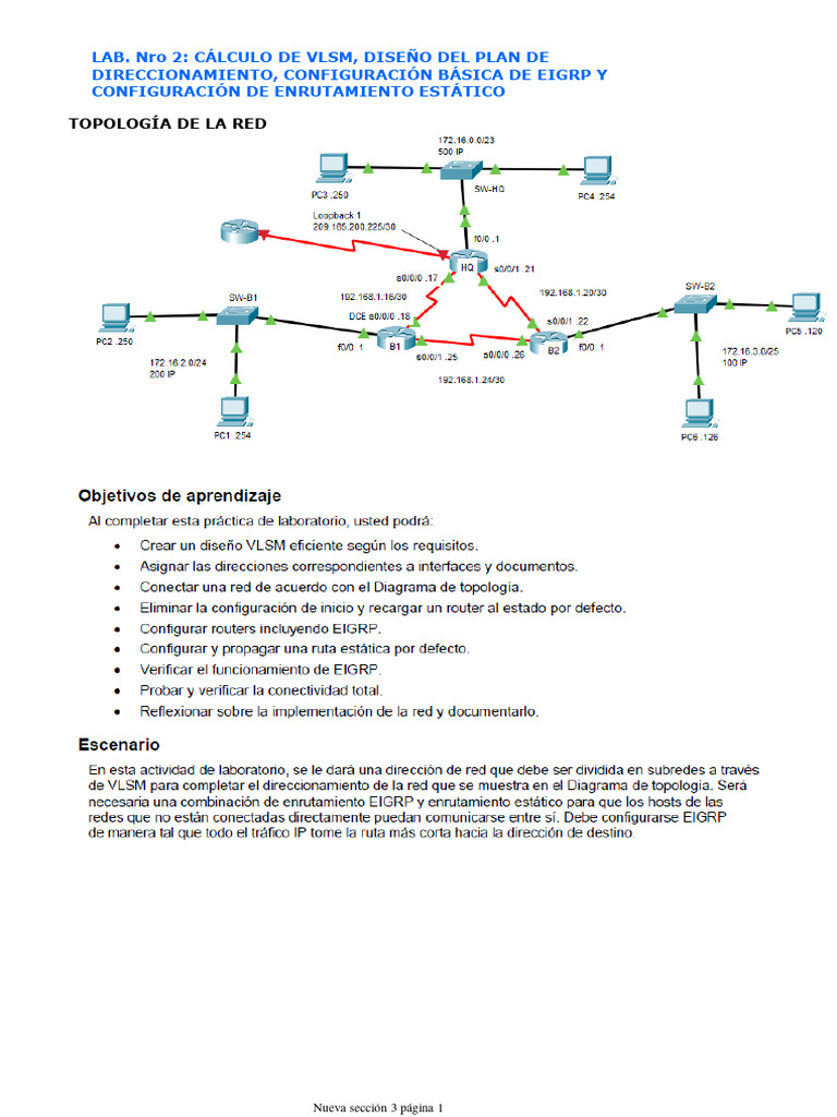 Lab. Nro 2 Cálculo de VLSM, Diseño Del Plan de Direccionamiento, Configuración Básica de Eigrp y ...