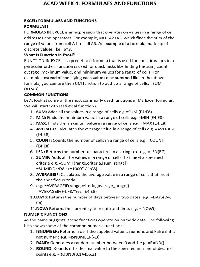 Computer Studies SS2 Acad Week 4 | PDF | Function (Mathematics) | Microsoft Excel