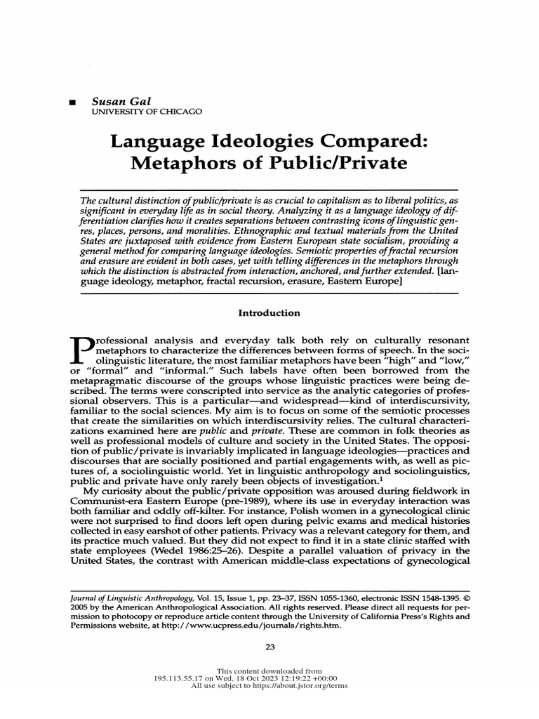 Language Ideologies - Gal 2005 | PDF | Public Sphere | Linguistics