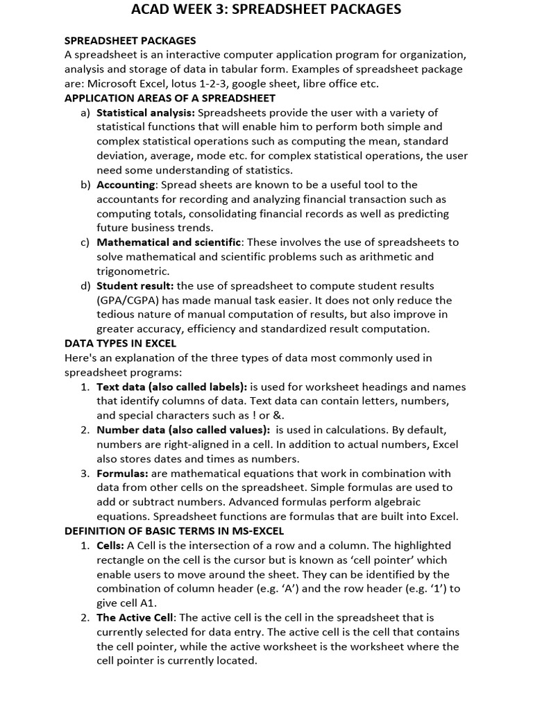 Computer Studies SS2 Acad Week 3 | PDF | Spreadsheet | Microsoft Excel