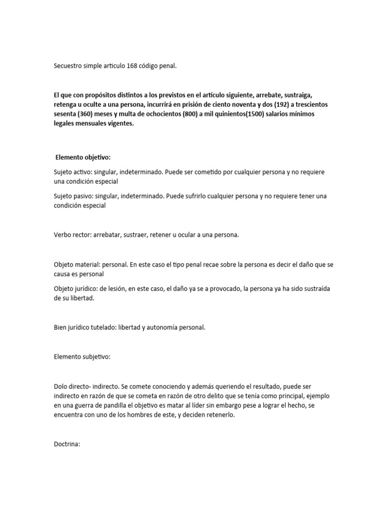Secuestro Simple Articulo 168 Código Penal | PDF | Secuestro | Derecho ...