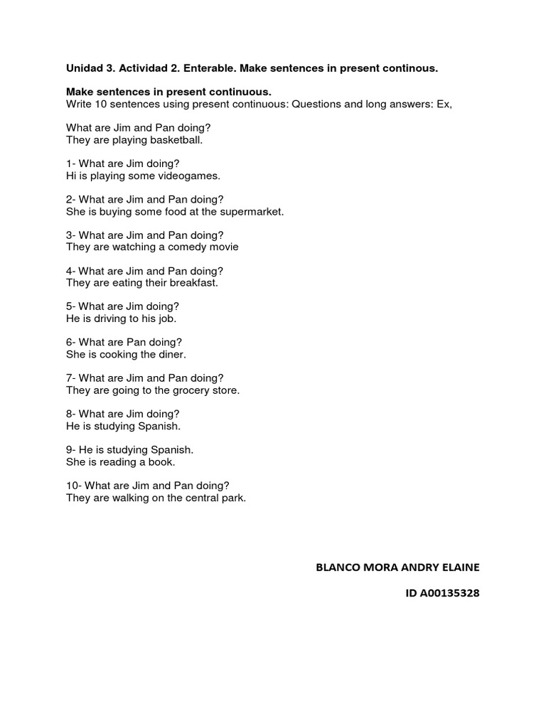 Unidad 3 Actividad 2. Make Sentences in Present Continous. BLANCO MORA ANDRY ELAINE | PDF ...