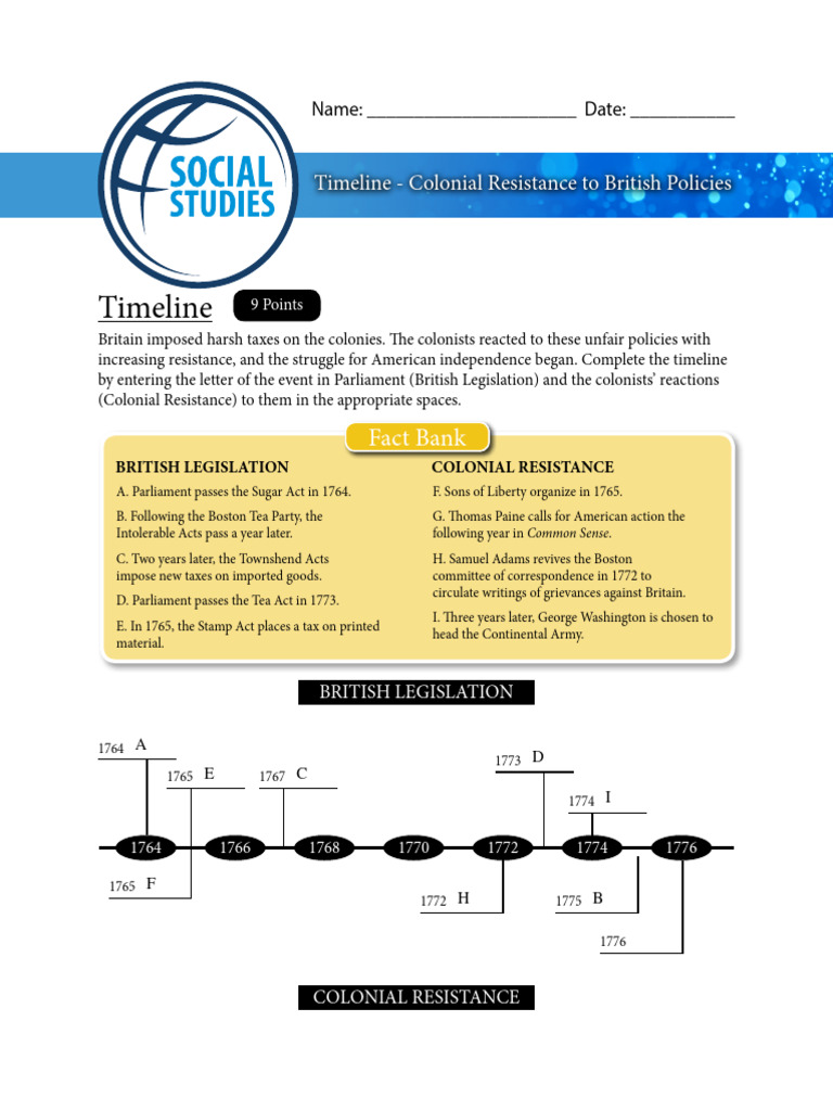 Ss7 Colonial Resistance To British Policies Timeline Worksheet | PDF