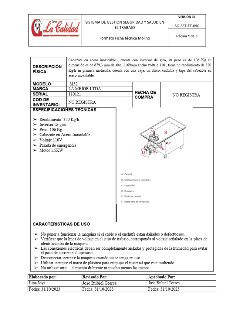 SG SST FT 090 Ficha Tecnica Molino | PDF | Agua | Materiales