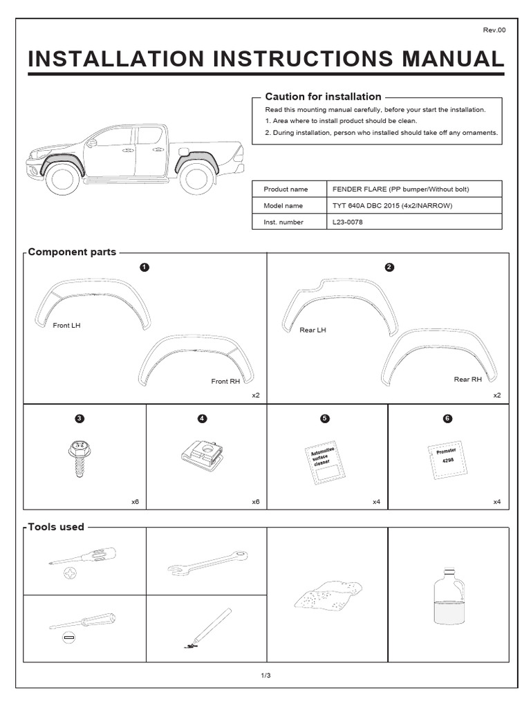 (L23-0078) Fender Flare Toyota 640A NARROW (4X2) 2015 AFT | PDF | Motor ...
