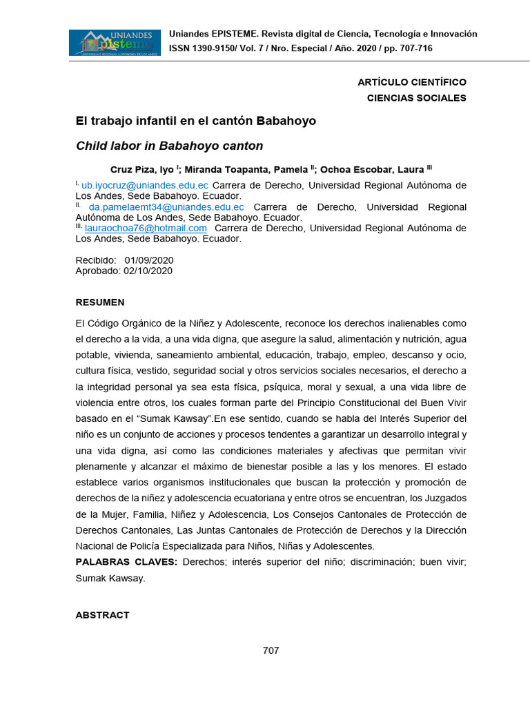 El Trabajo Infantil en El Cantón Babahoyo: Child Labor in Babahoyo ...