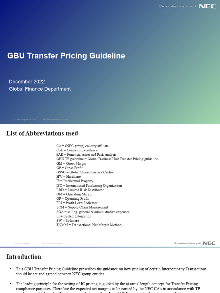 NEC Transfer Pricing Guidelines | PDF | Prices | Supply Chain Management