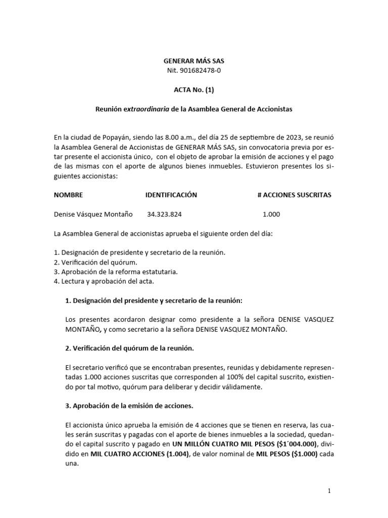 Denise Acta Emisión de Acciones | PDF | Gobierno