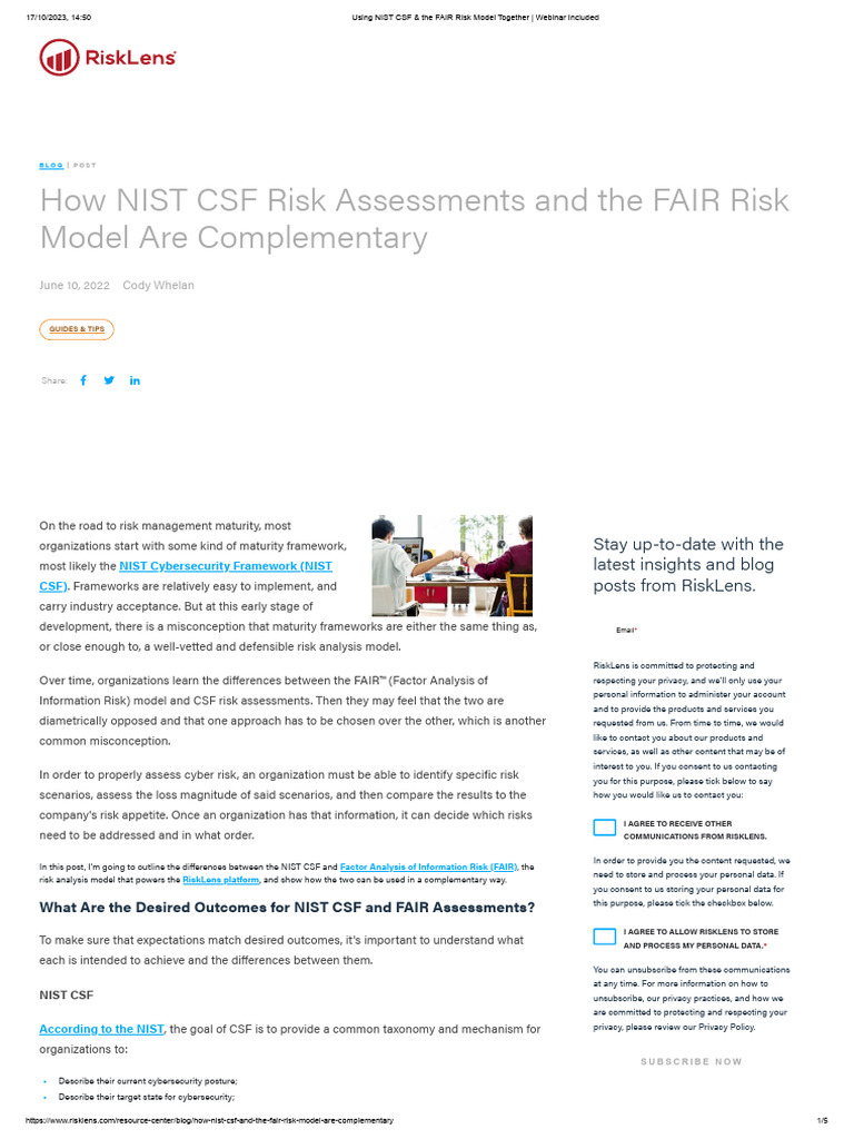 Using NIST CSF & The FAIR Risk Model Together - Webinar Included | PDF ...