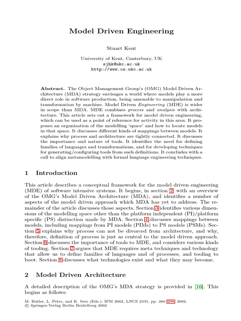 Model Driven Engineering: Abstract. The Object Management Group's (OMG) Model Driven Ar | PDF ...