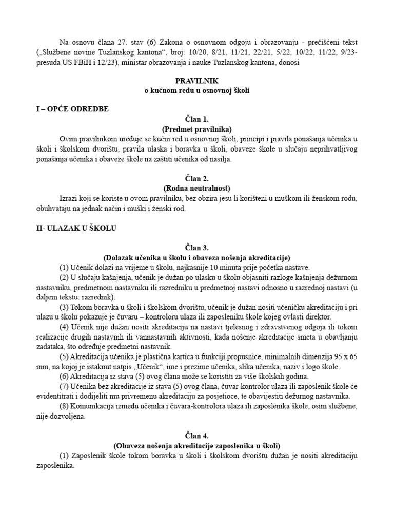 Pravilnik Kucni Red Osnovno | PDF