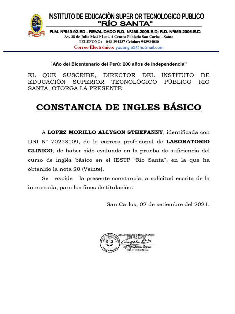 Constancia de Ingles Basico Lopez Morillo Allyson Sthefanny | PDF