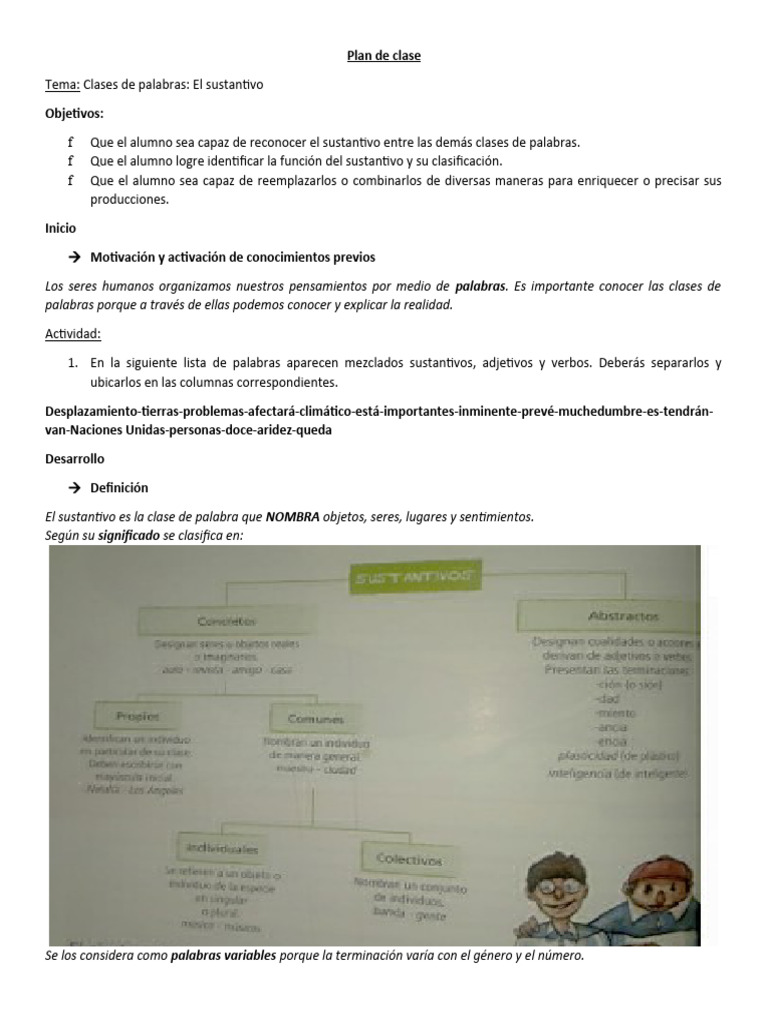 Plan de Clase (El Sustantivo) | PDF | Palabra | Sustantivo