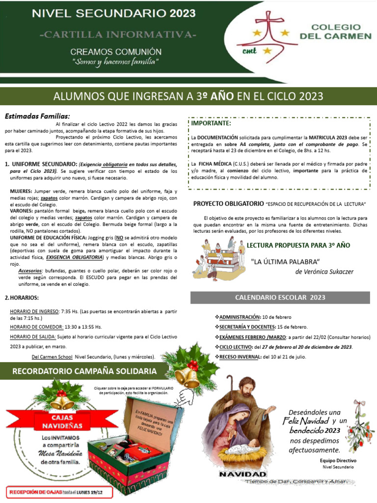 CARTILLA INFORMATIVA NIVEL SECUNDARIO 3º AÑO 2023 | PDF