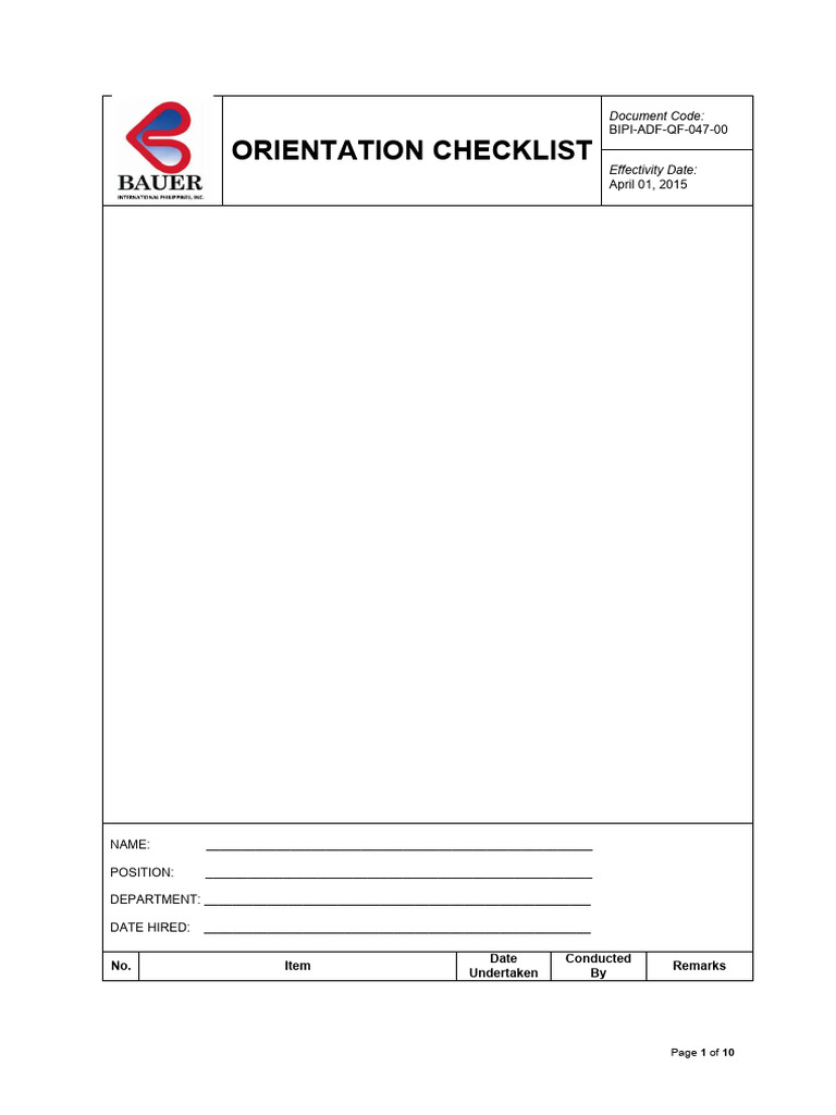 BIPI-ADF-QF-047-00 Orientation Checklist | PDF | Working Conditions ...