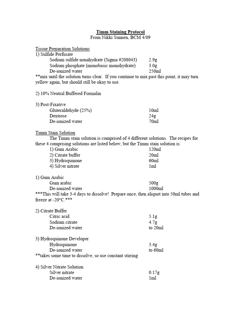 Timms Staining Protocol | PDF | Staining | Buffer Solution
