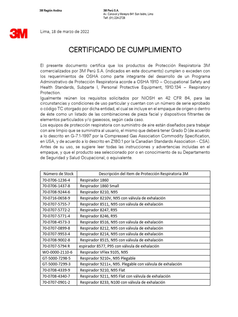 Certificado 3M - Respiratorio 23 Set 2019 | PDF | Seguridad y salud ...