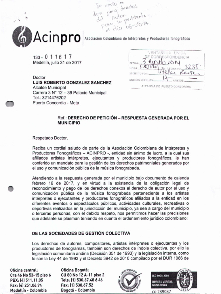 Derecho de Peticion Sayco y Acinpro | PDF | Colombia | Autor