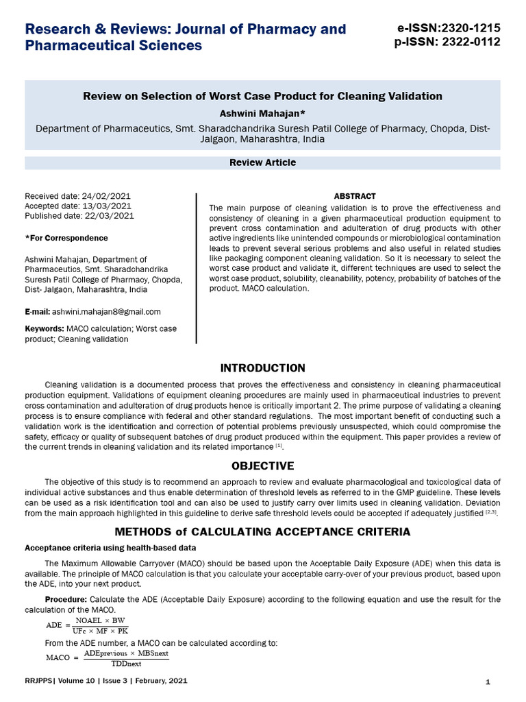 Review On Selection of Worst Case Product For Cleaning Validation | PDF | Pharmacology ...