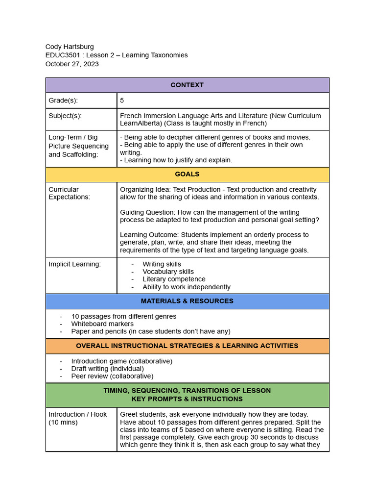 French Immersion Writing Lesson Plan | PDF | Communication | Cognitive ...