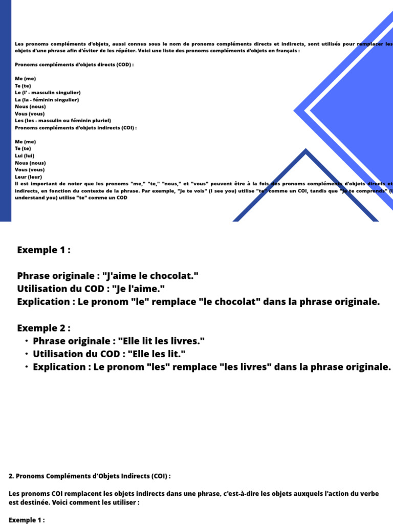 Les Pronoms Compléments D'objets, Aussi Connus Sous Le Nom de Pronoms ...