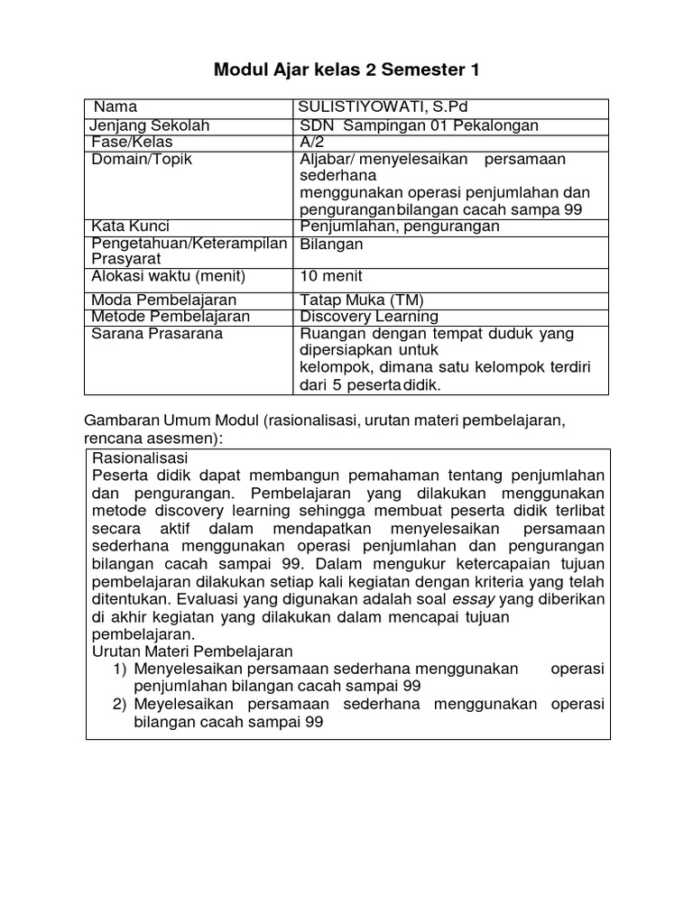 Modul Ajar Kelas 2 Matematika Semester 1 | PDF | Karier & Perkembangan