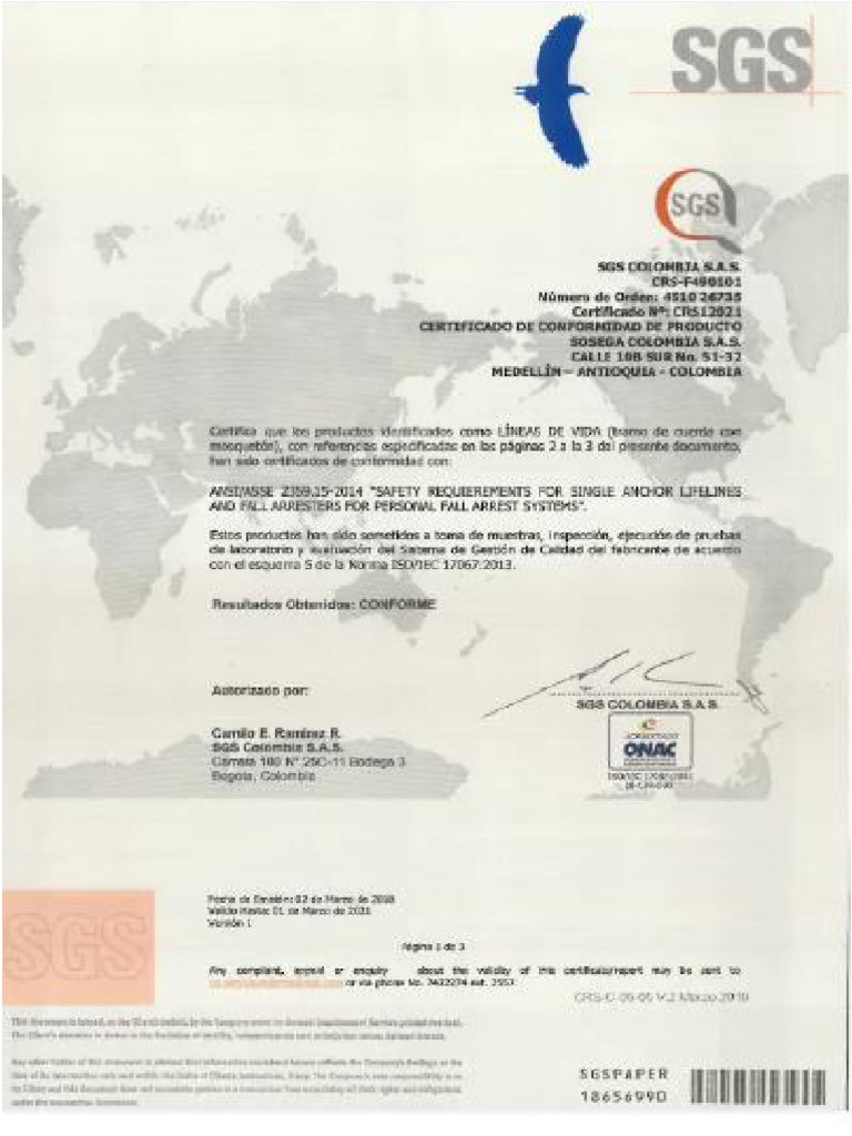 Certificado Linea de Vida Cuerda Sosega | PDF