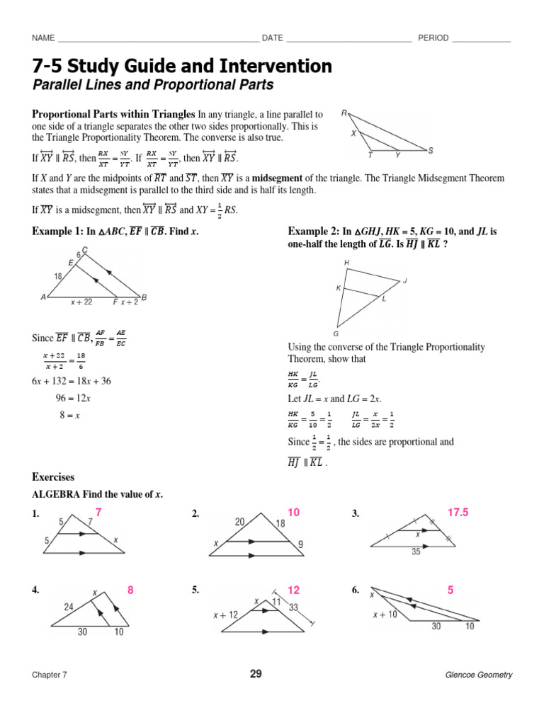 7-5 Study Guide and Intervention: Parallel Lines and Proportional Parts ...