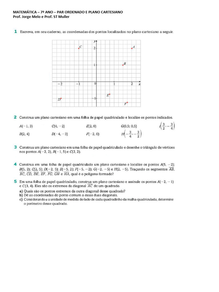Exercícios de Par Ordenado e Plano Cartesiano | PDF