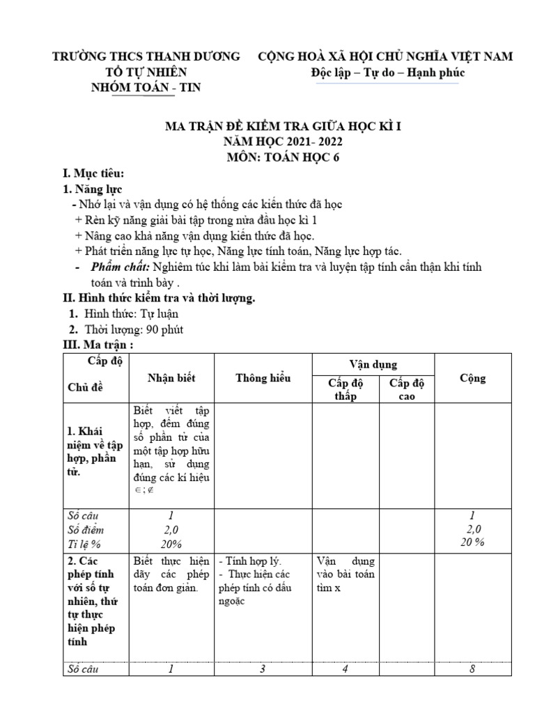 Kiem Tra Giua Ki 1 Co Ma Tran Toan 6 2021kntt | PDF