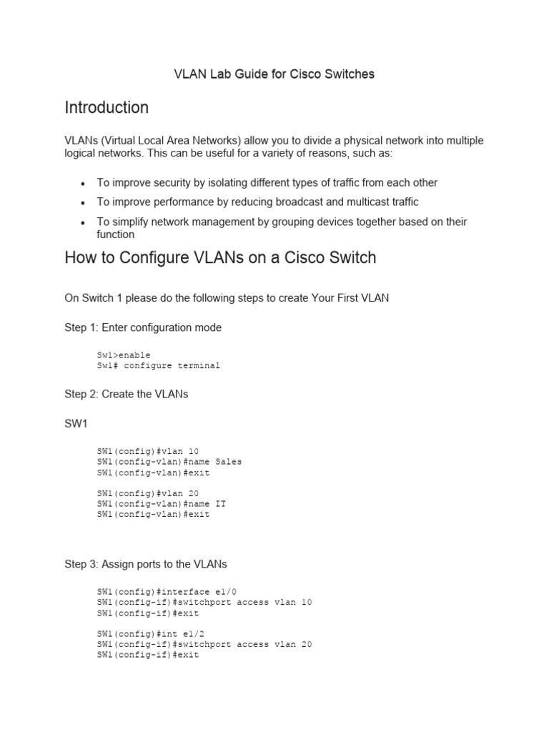 VLAN Lab Guide For Cisco Switnches | PDF | Data Transmission | Network Architecture