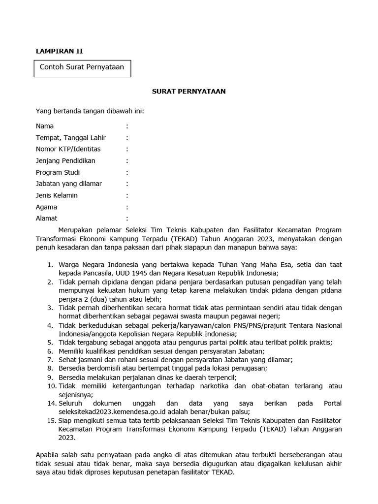 1698067230-LAMPIRAN II Surat Pernyataan Seleksi TEKAD 2023 | PDF