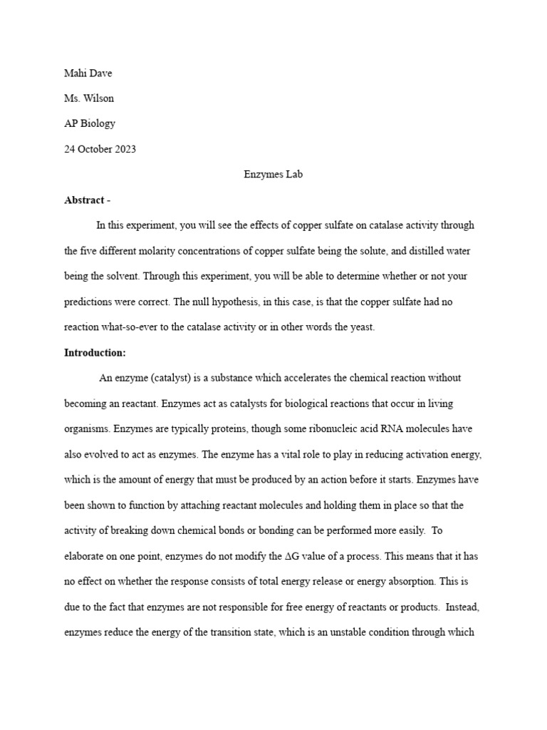 Mahi Dave - Enzyme Lab | PDF | Enzyme | Chemical Reactions