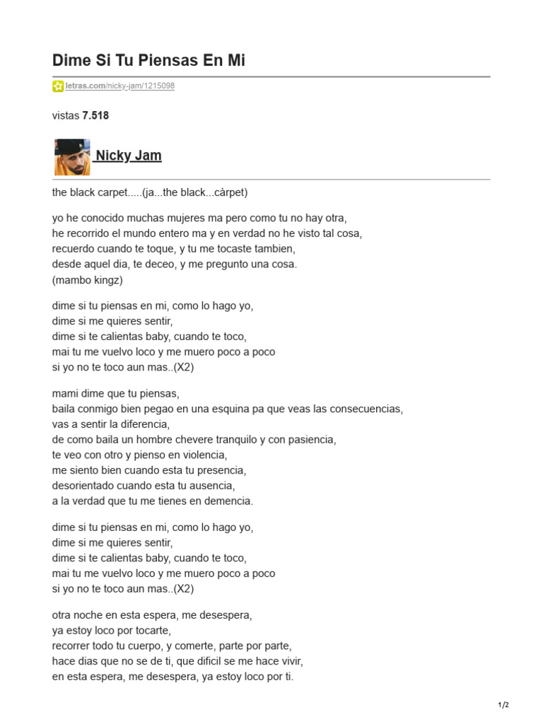Dime Si Tú Piensas En Mí - Nicky Jam | PDF