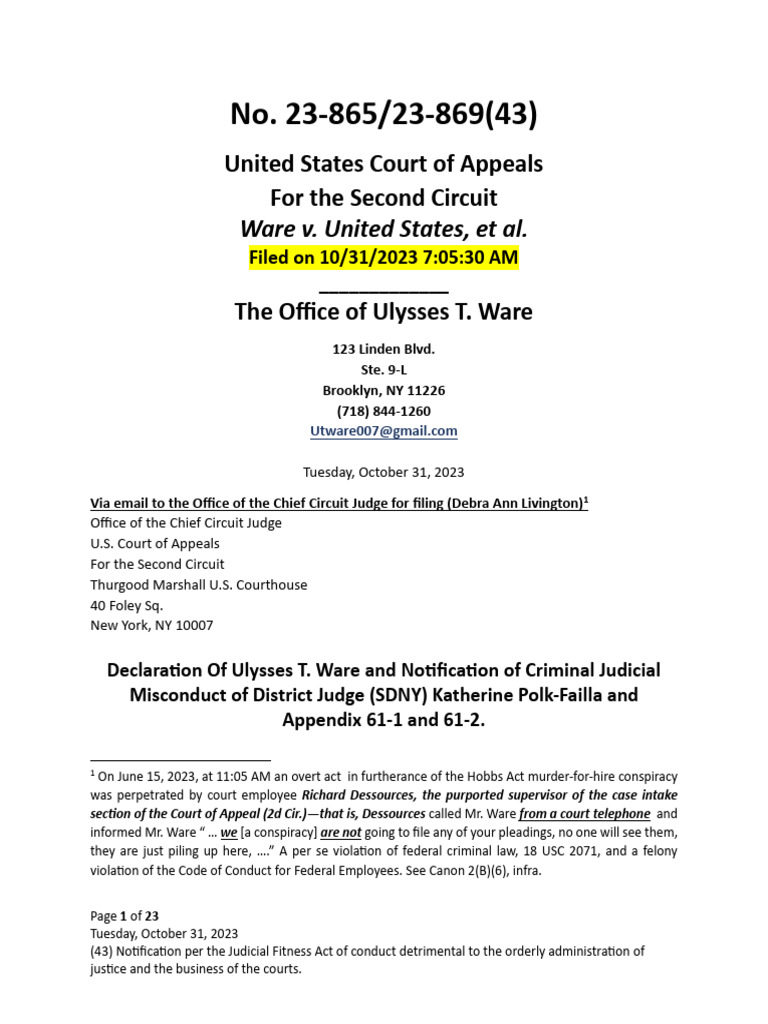 10.31.23 Impeachable Judicial Misconduct Re District Judge (SDNY ...