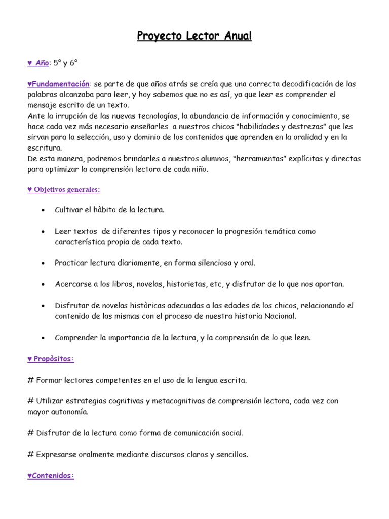 Proyecto Lector Anual | PDF | Comprensión lectora | Aprendizaje