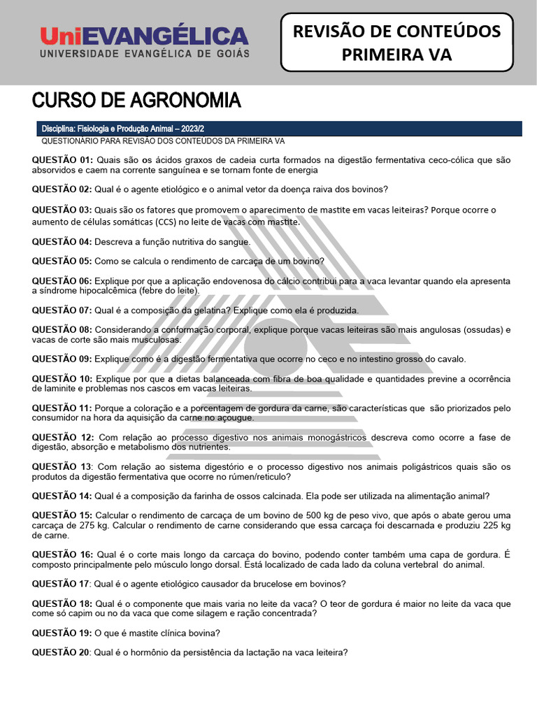 Lista Exerc VA1 Fisiol Prod Animal 2023 2 | PDF | Leite | Carne
